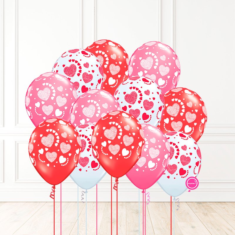 12 globos inflados con helio -Corazones y Espirales- Bio* -RAC032-