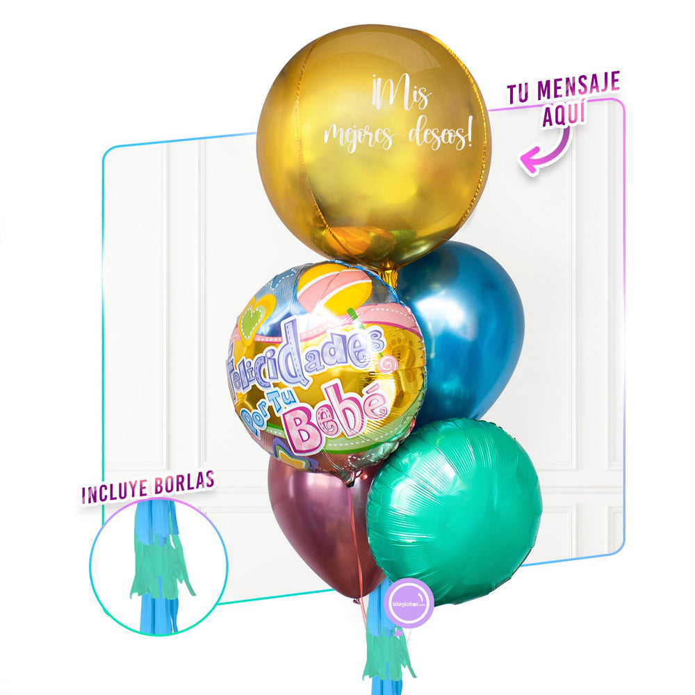 Bunch de Globos con Helio personalizado - Felicidades por tu bebé