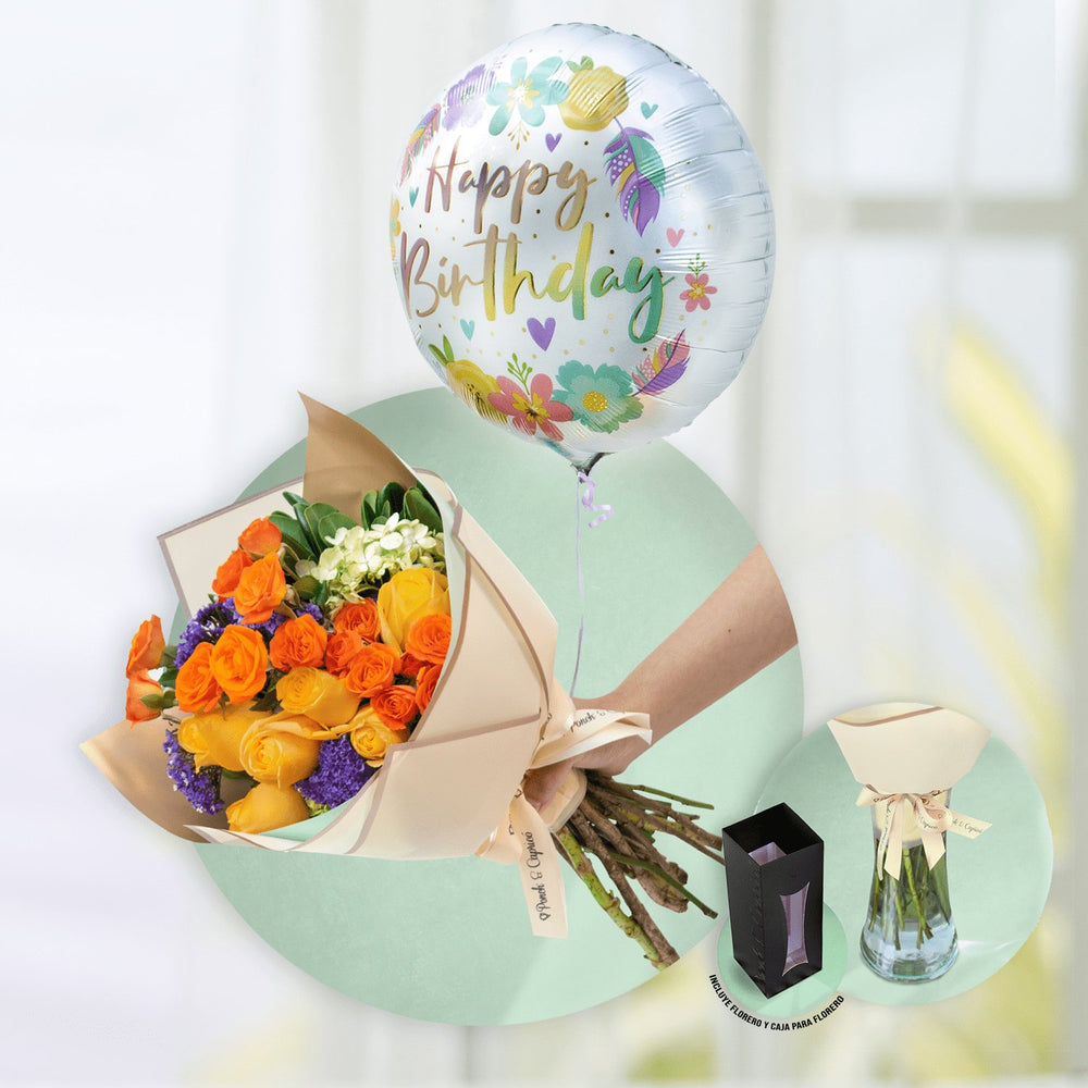 Ramillete de Rosas, Mini Rosas y Hortensias + Globo Happy Birthday Flo